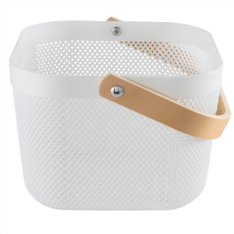 Mesh Storage Basket With Wooden Handle - White | Linen Chest