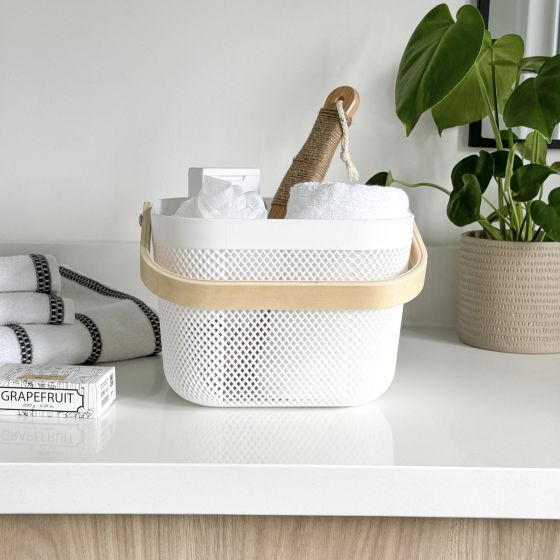 Mesh Storage Basket With Wooden Handle - White | Linen Chest