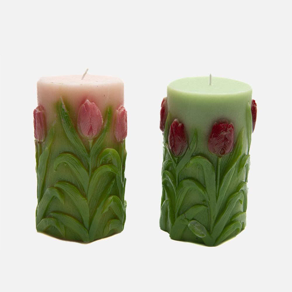 Unscented Wax Tulip Engraved Pillar Candle, Large - Assorted | Linen Chest