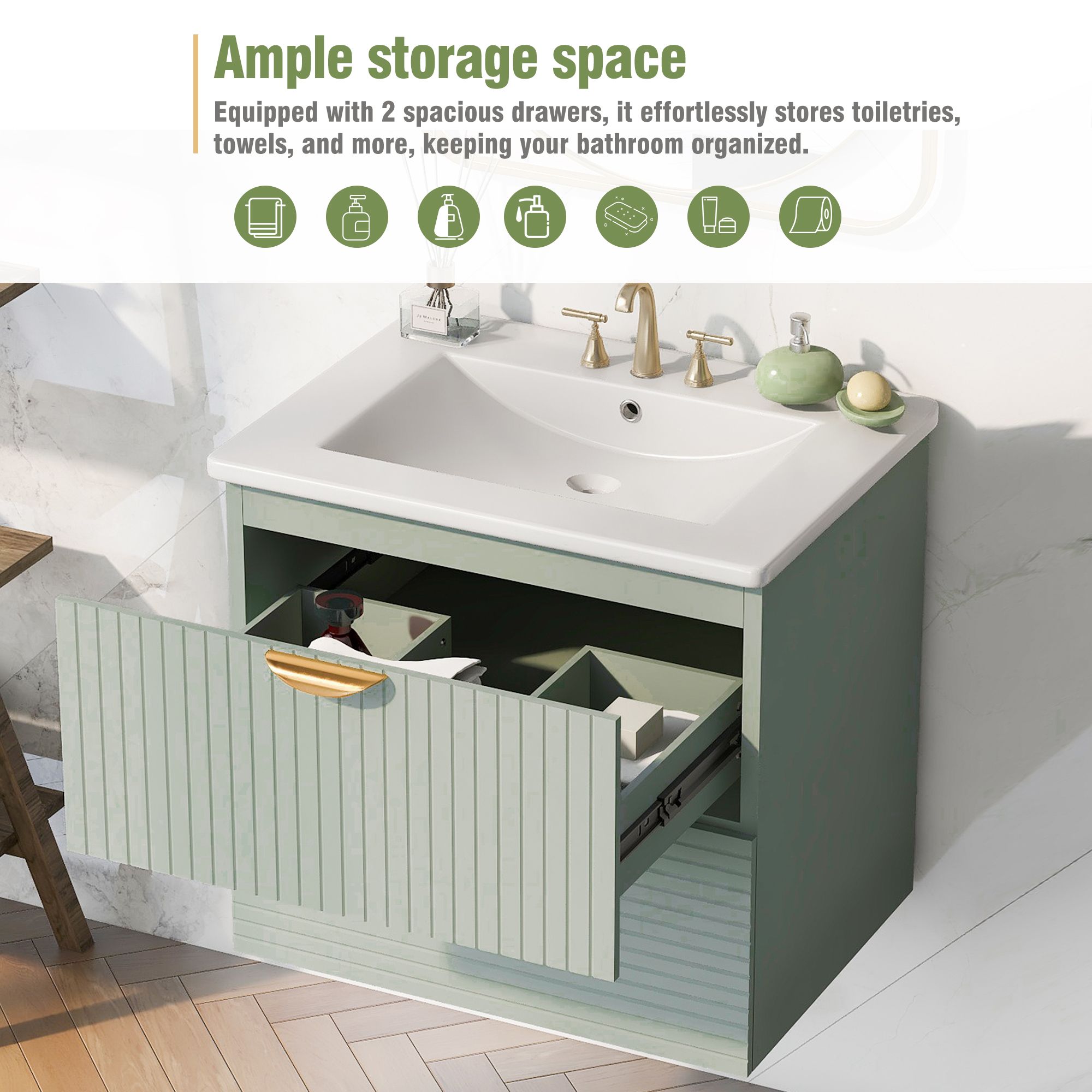 Green Wall-Mounted Bathroom Vanity with Sink - 24" | Linen Chest